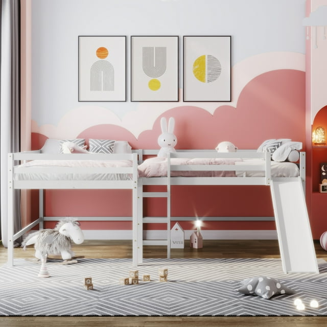 Full L-Shaped Loft Bed with Built-in Ladders and Slide, Wood L-Shaped ...