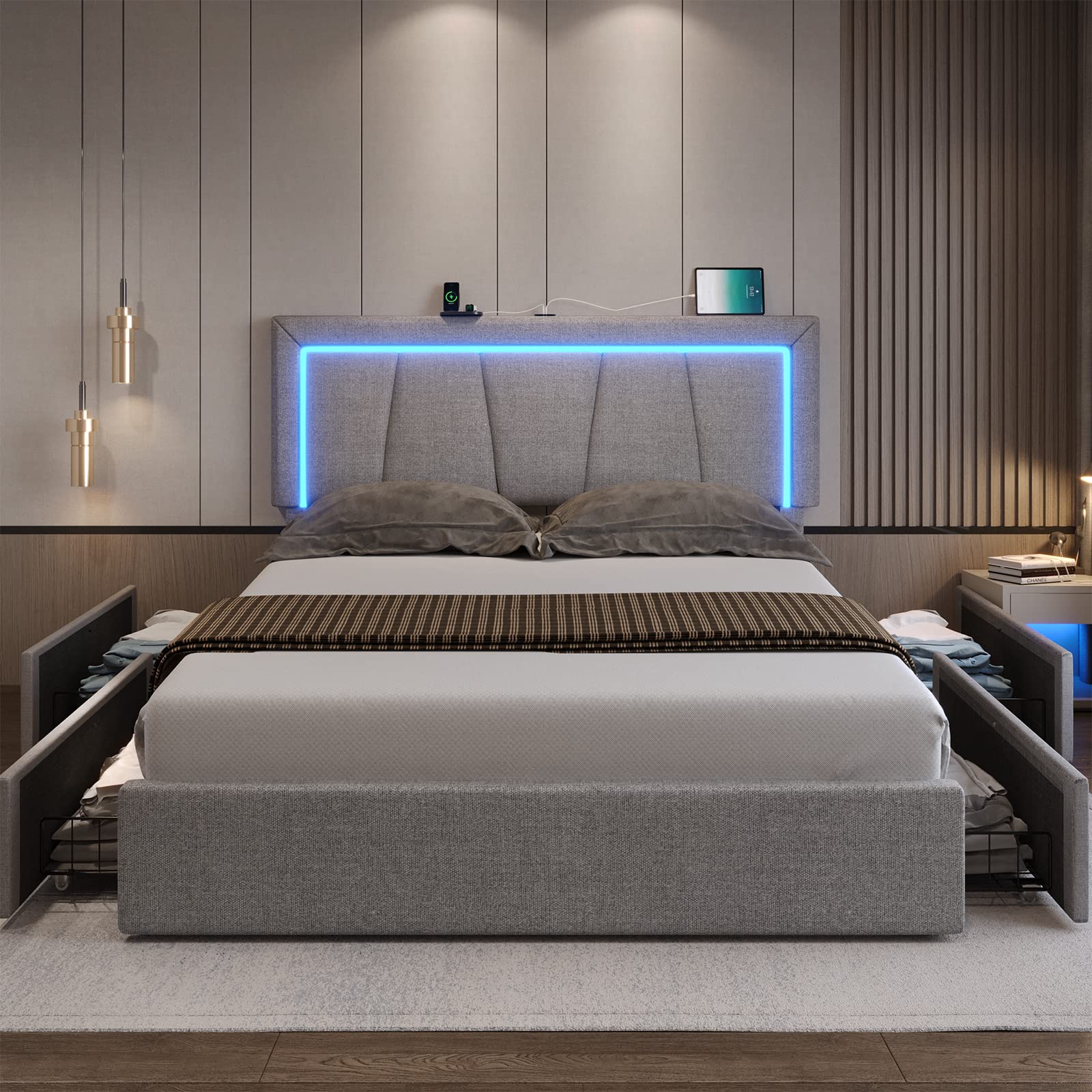 Full LED Platform Bed Frame with 4 Storage Drawers and USB Ports,Modern ...