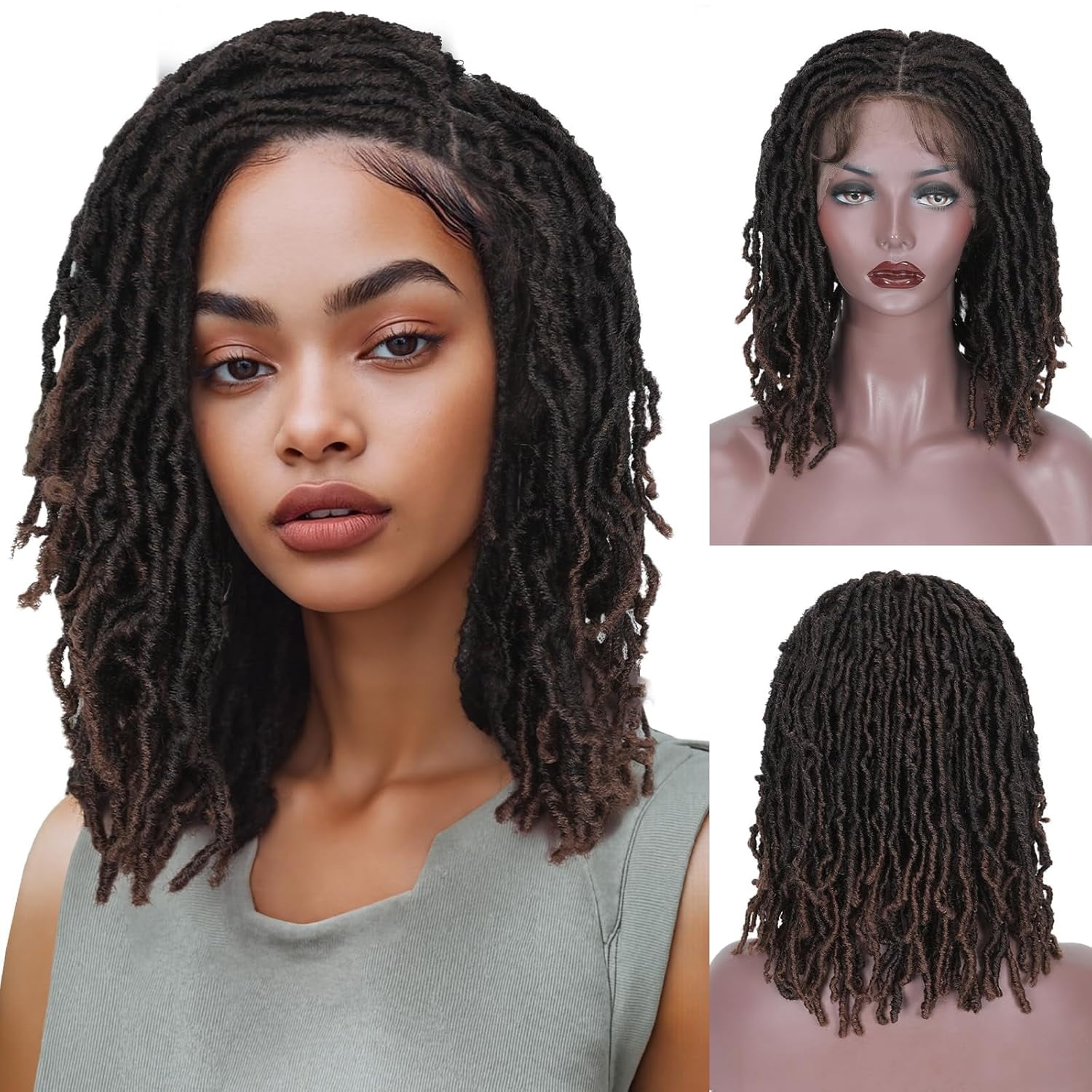 Full Lace Faux Locs Wig Short Braided Wigs for Black Women Ombre Brown ...