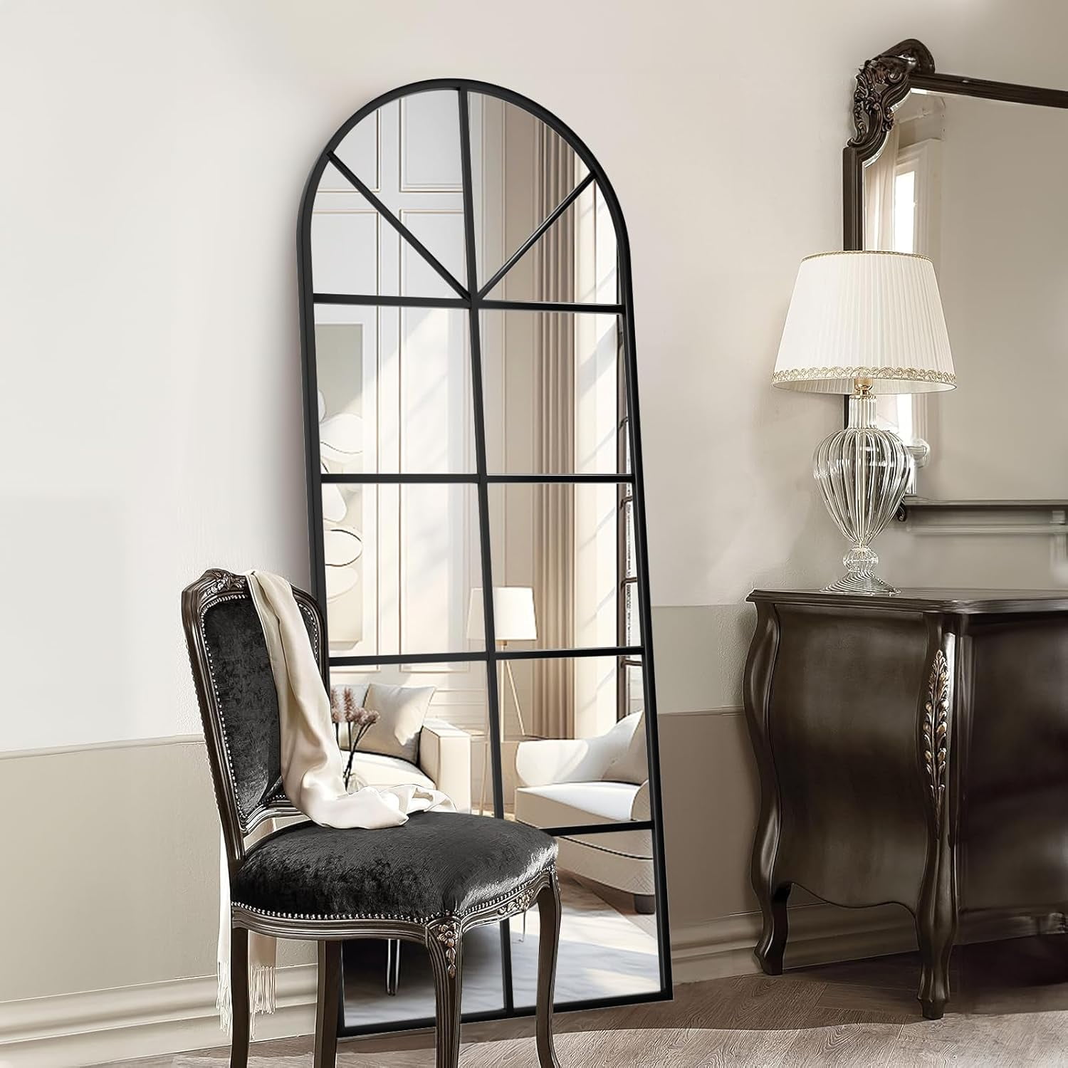 Full Length Mirror, Black Wall Mirror, 65"x22" Arched Window Pane ...