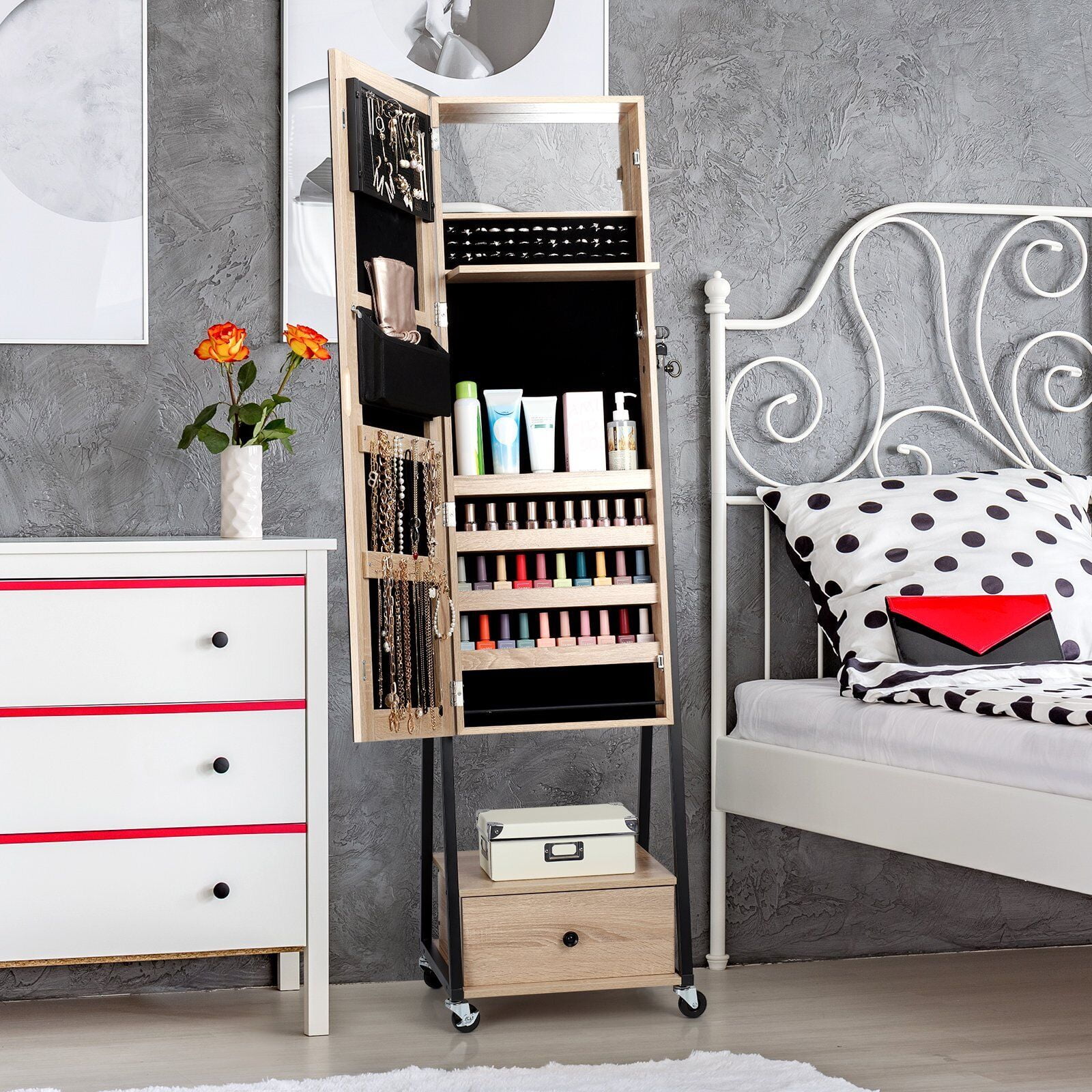 Full Length Mirror Jewelry Armoire on Caster with Drawer Jewelry ...