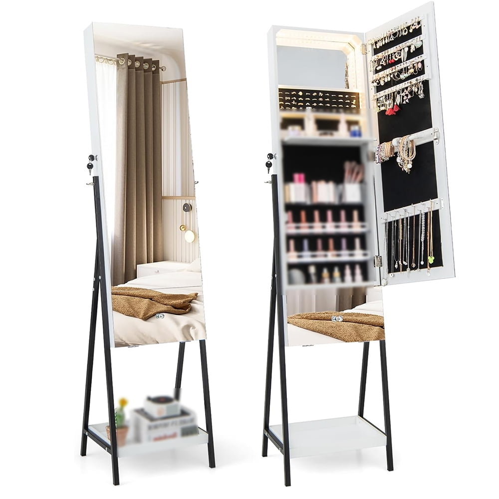 Full Length Mirror Jewelry Cabinet Armoire, Mirrored Tilt out Drawer, 3 ...