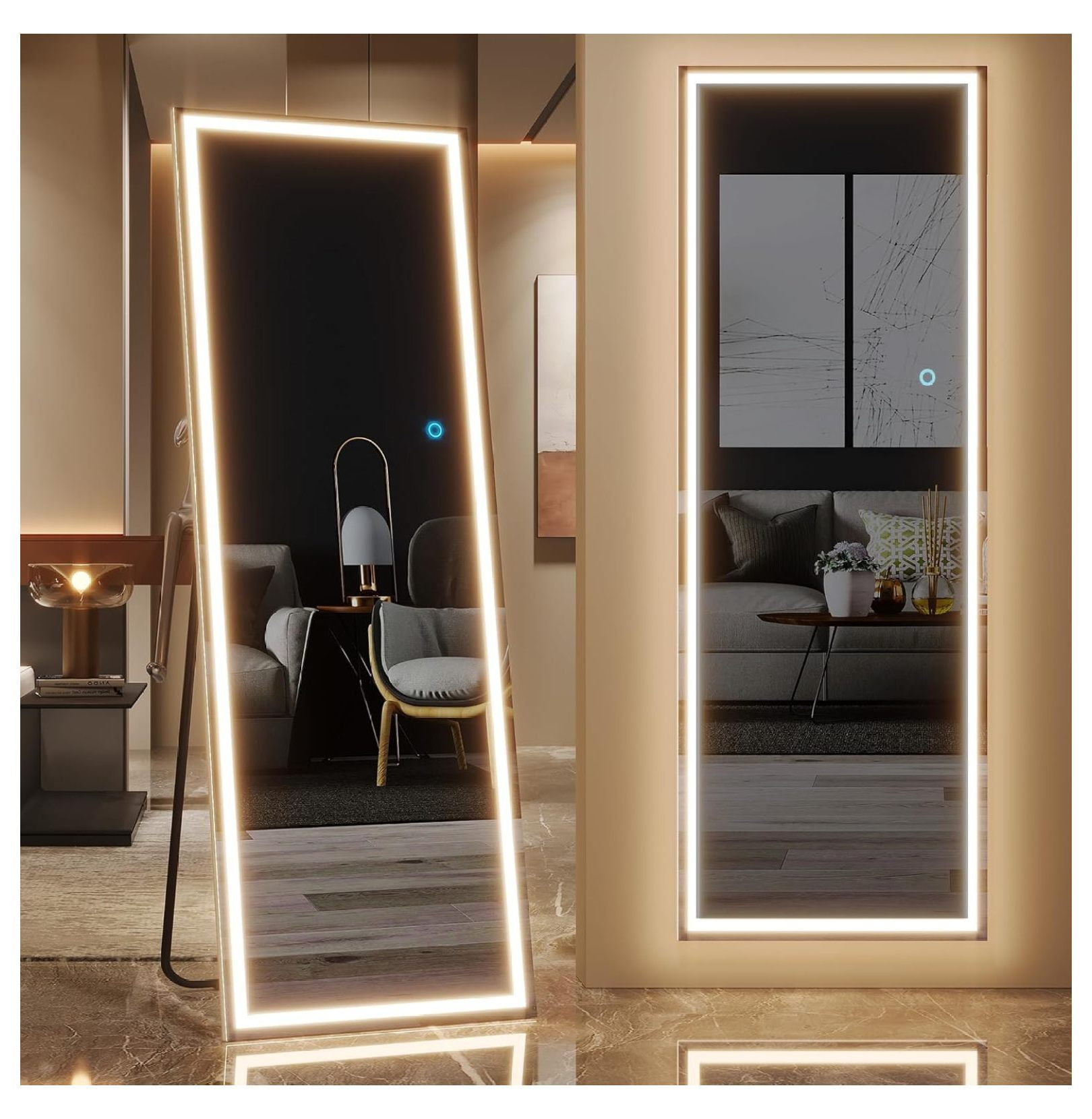 Full Length Mirror with LED Lights, Standing Lighted Mirror, Floor Full ...