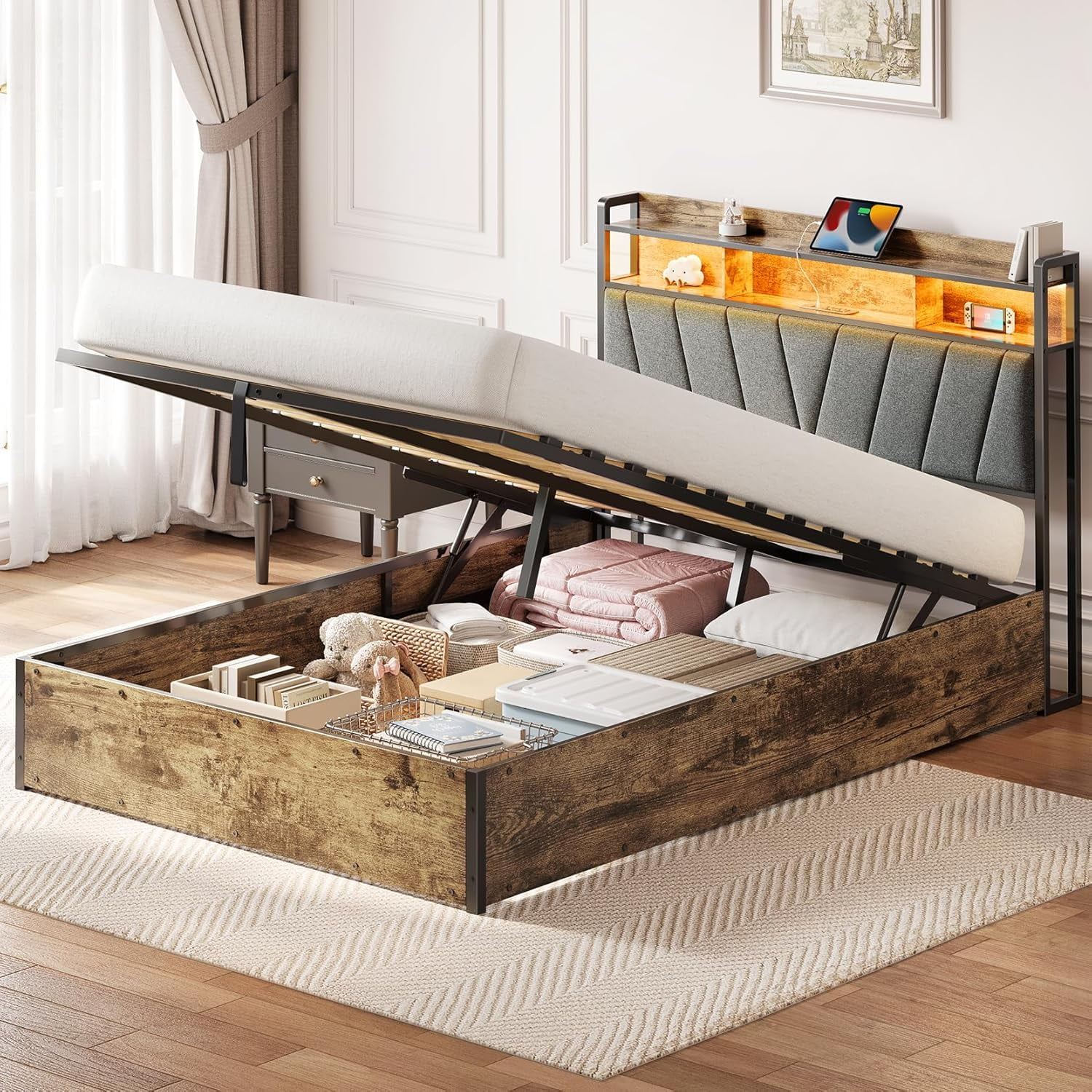 Full Lift Up Storage Bed Frames, Metal Bed Frames with Charging Station ...