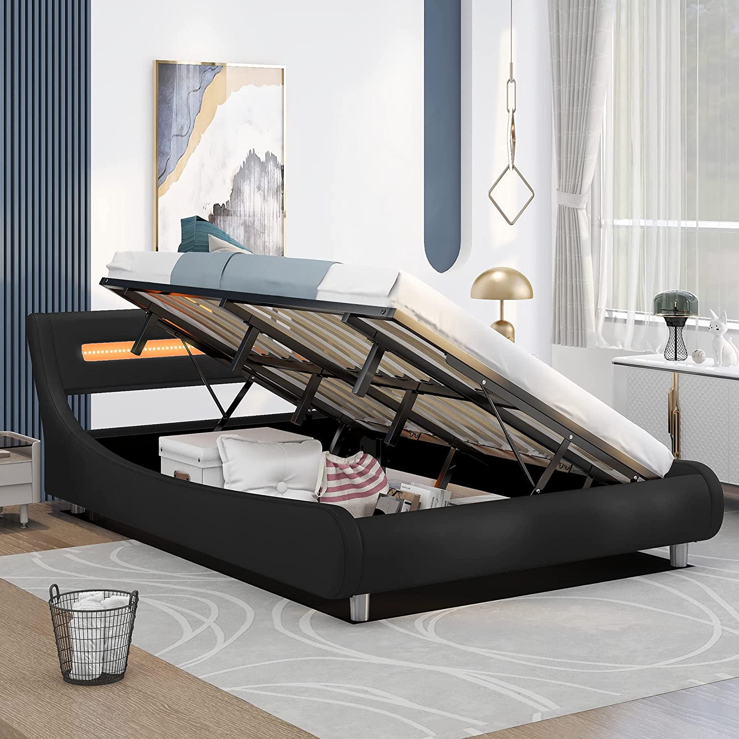 Full Lift Storage Bed With LED Headboard, Size Platform Gas Up Storage, Faux Leather Upholstered ...