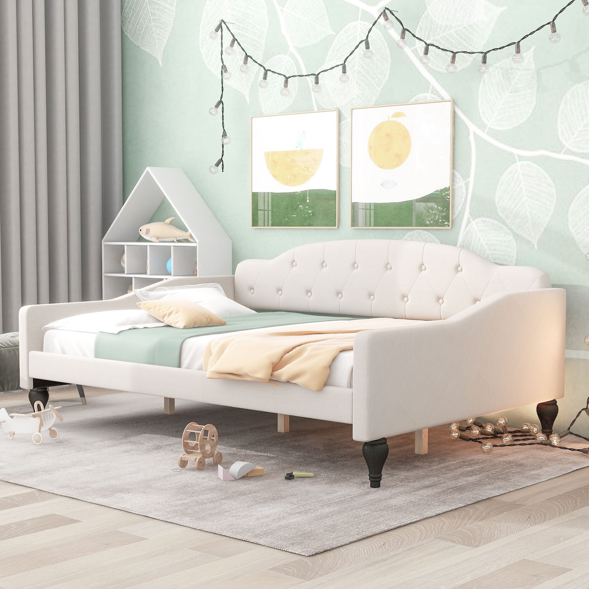 Triple Tree Pine Wood+MDF+Linen Full Linen Upholstered Daybed Nail Head ...