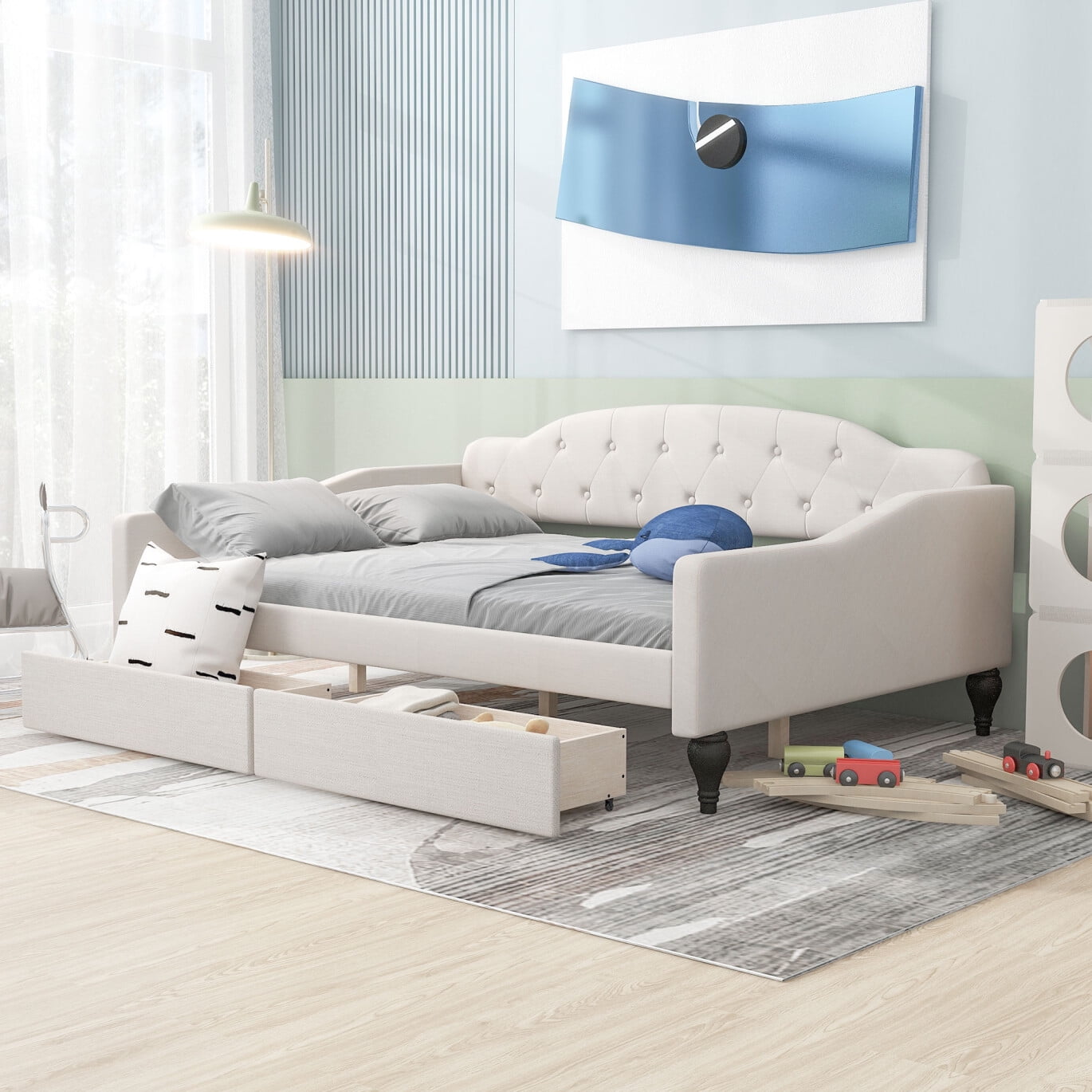 Full Linen Upholstered Daybed with Two Drawers, Full Size Upholstered ...