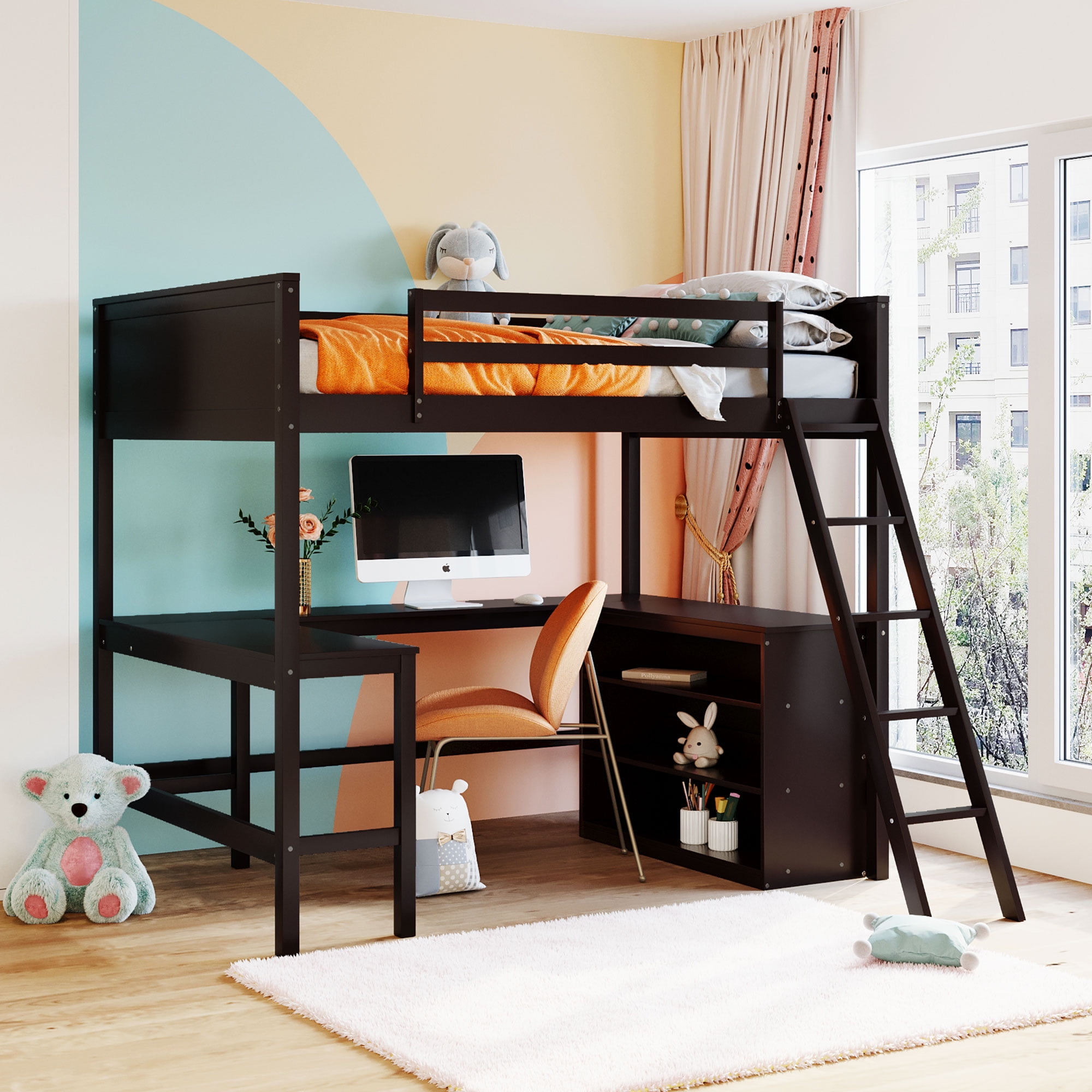 Full Loft Bed with Desk and Storage Cabinet, Solid Wood Loft Bed Frame ...
