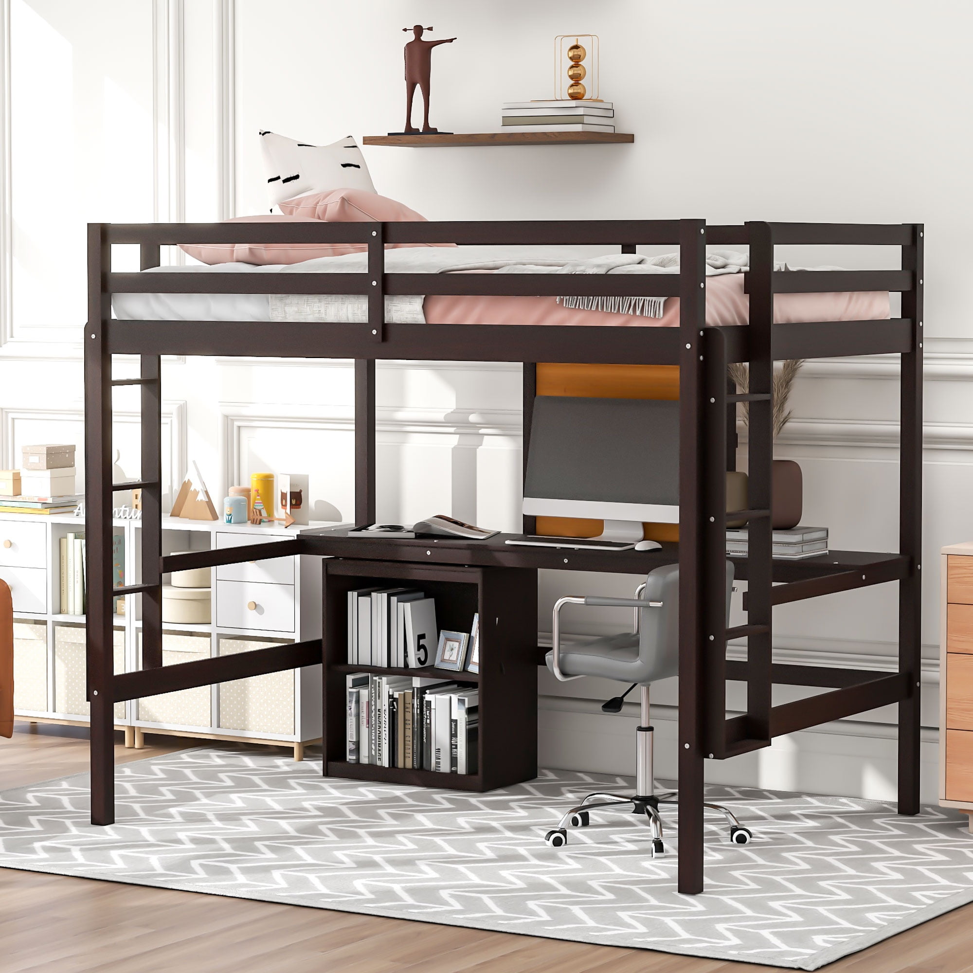 Full Loft Bed Frame with Desk and Writing Board Modern Wooden High Loft Bed with 2 Drawers Cabinet and Double Ladder Multifunctional Bunk Bed with