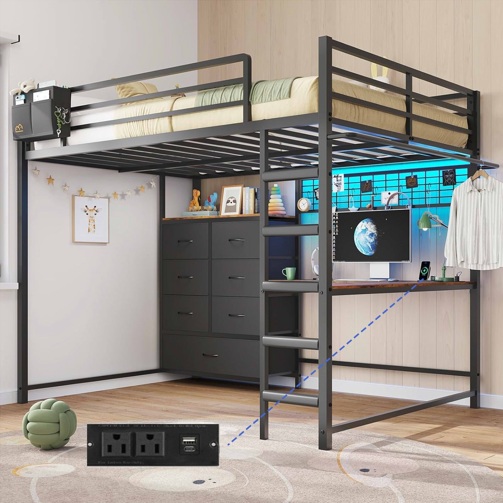 Full Loft Bed with L-Shaped Desk and 7 Storage Drawers Full Size Metal ...