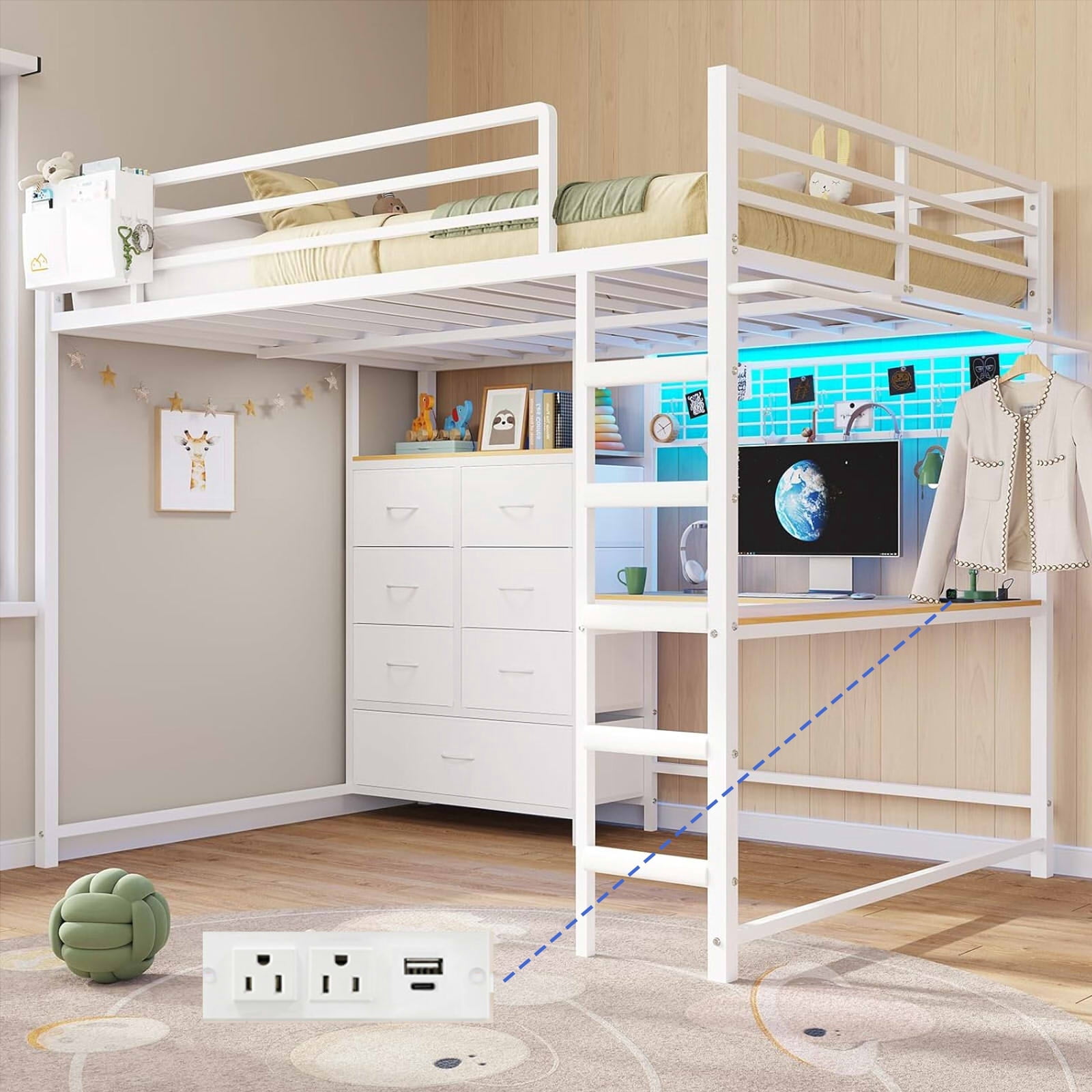 Full Loft Bed with L-Shaped Desk and 7 Storage Drawers Full Size Metal ...