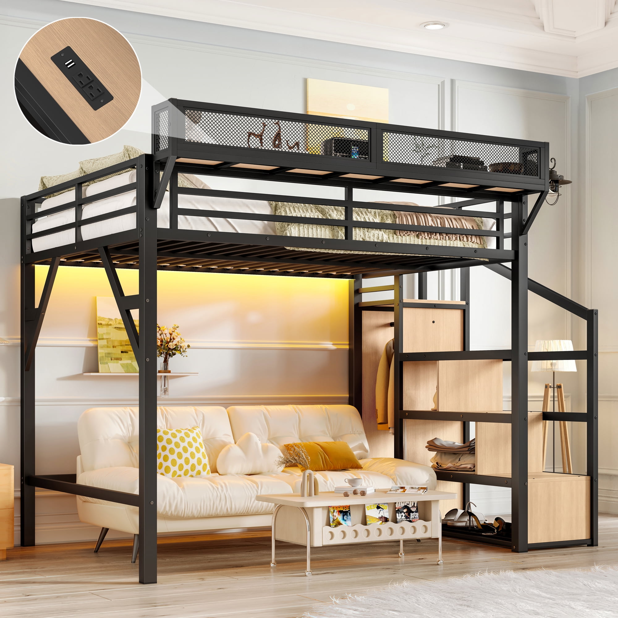 Full Loft Bed with Storage Stairs, Shelves and Built-in Wardrobe, Metal ...