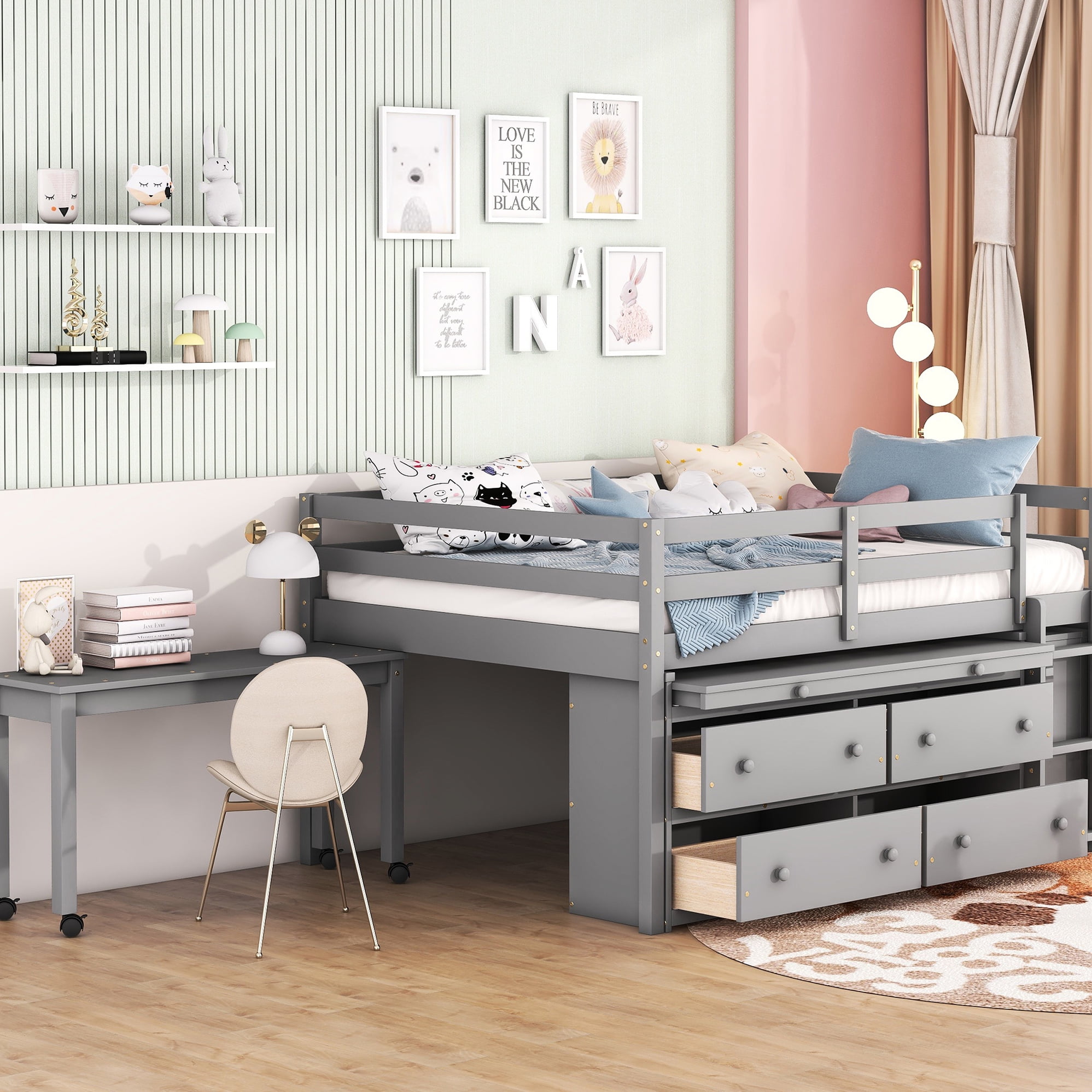 Full Loft Bed With Retractable Desk And Storage In Gray - Optimize Your ...