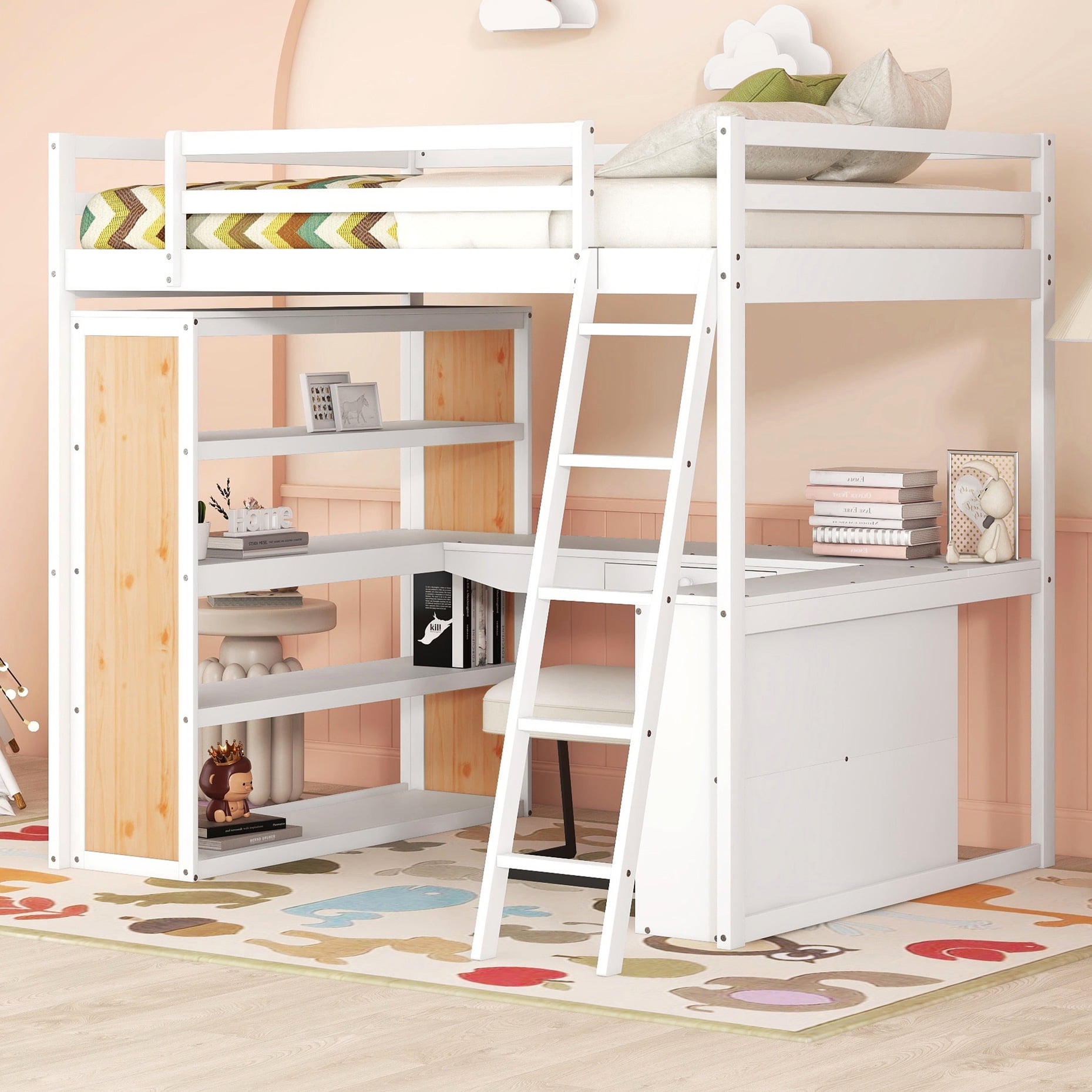 Full Loft Bed With , Shelves, Desk In White - Bedroom Enhancement Size ...