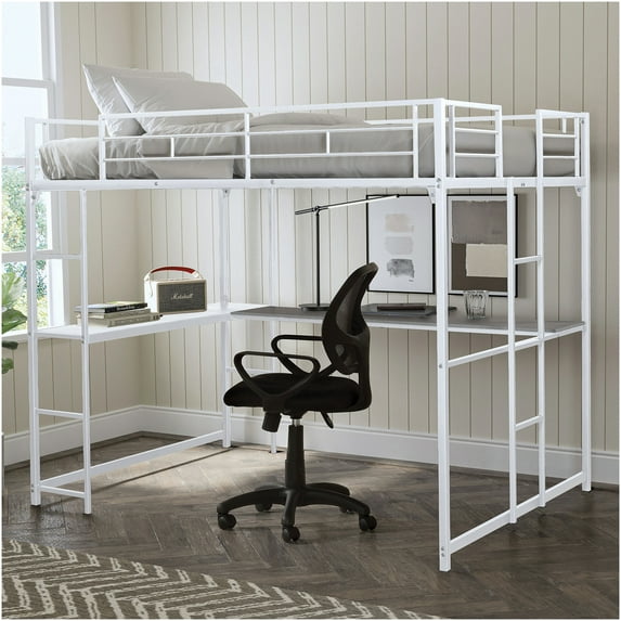 Full Loft Bed with Built-In Study Desk, White Metal Frame Space Saving ...