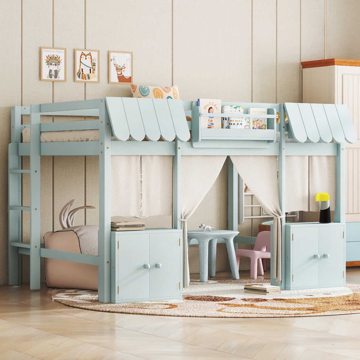Full Loft Bed with Built-in Bookshelf, Curtain, and Storage Shelf ...