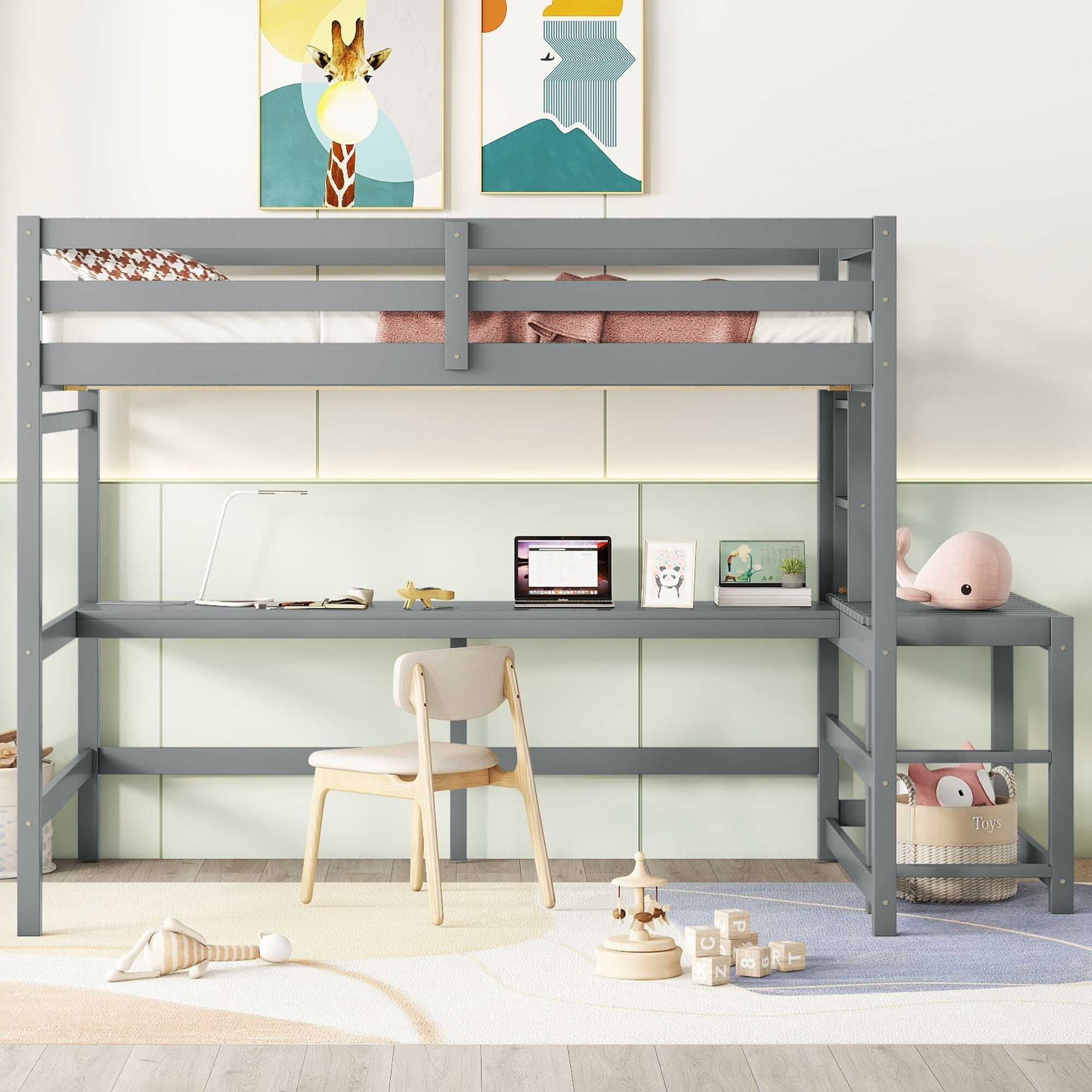 Full Loft Bed with Built-in Desk, Ladder Platform, Ladders, Guardrails ...