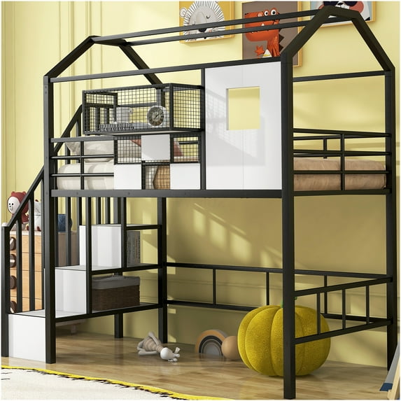 Full Loft Bed with Built-in Desk & Shelves, Space Saving Black Metal ...
