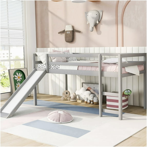 Full Loft Bed with Built-in Desk and Storage Shelf, Silver Metal Study ...