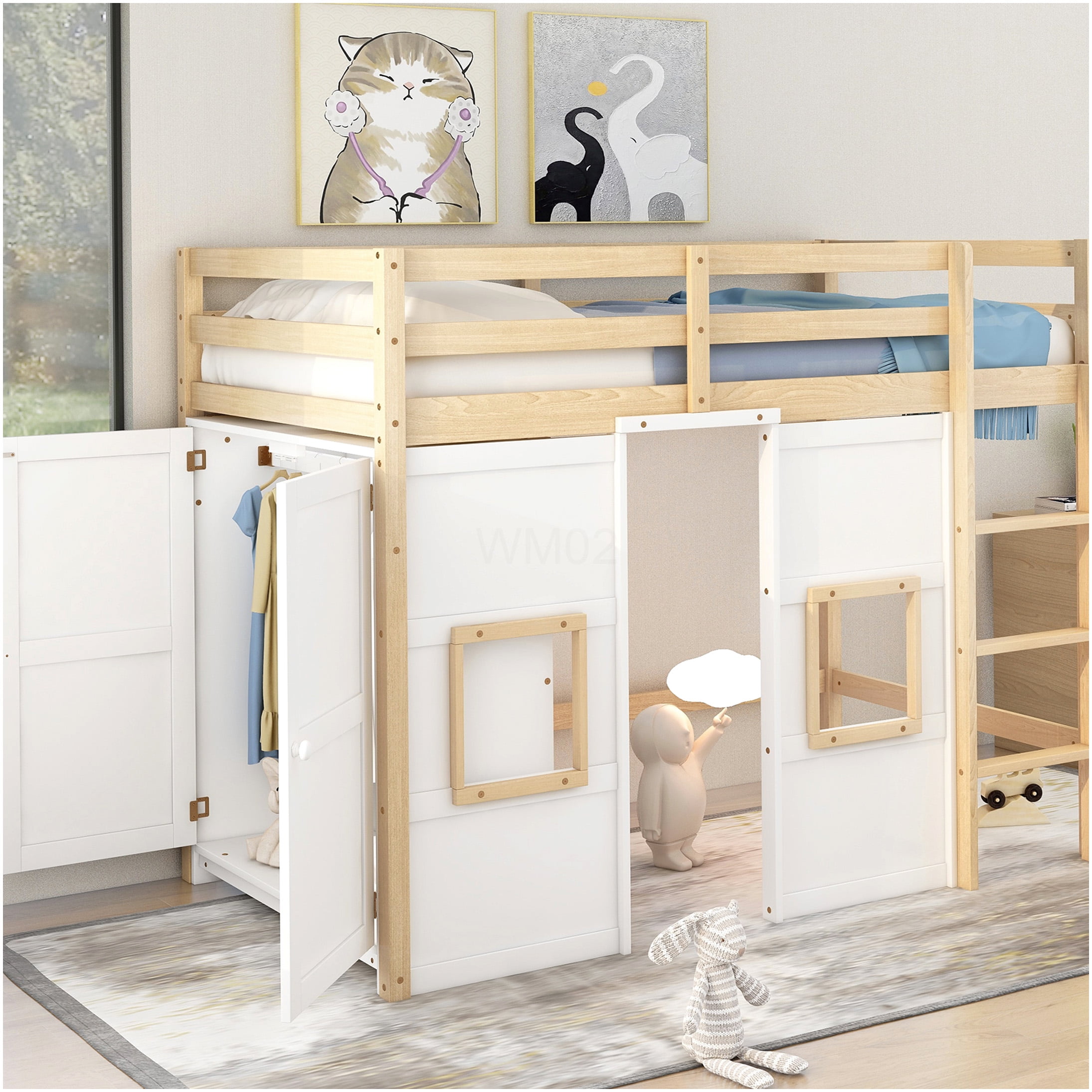 Full Loft Bed with Built-in Wardrobe, Study Desk and Shelves, White ...