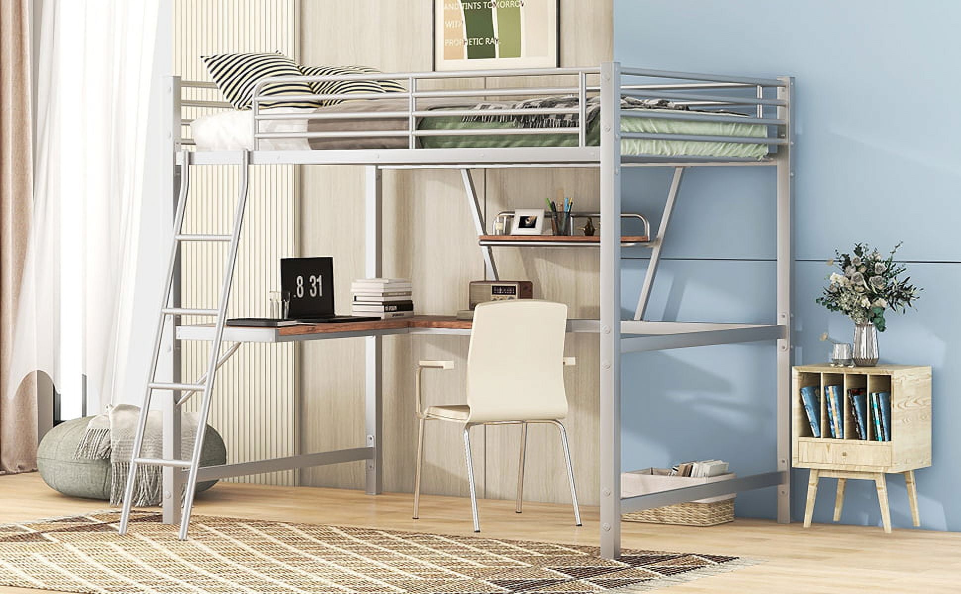 Full Loft Bed with L-Shaped Desk and Shelf, Metal Loft Bed Frame with ...