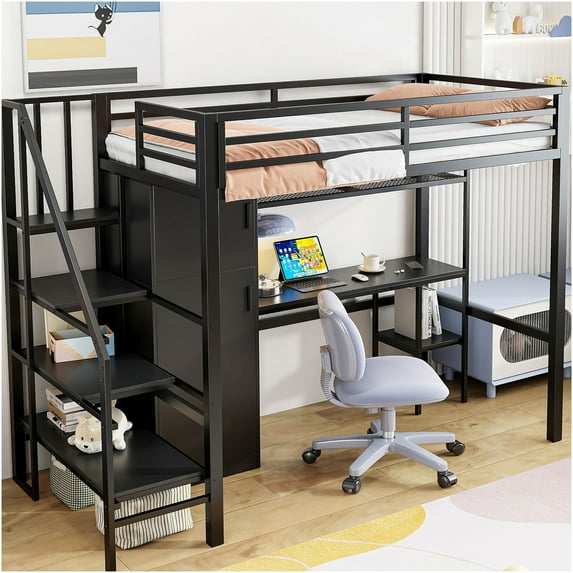 Full Loft Bed with LED Lights and Charging Station, White Metal Frame ...