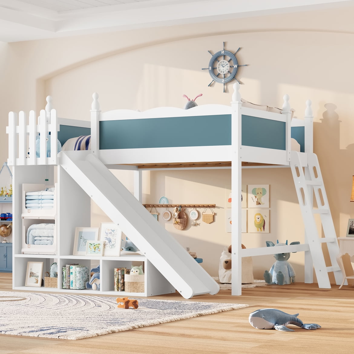 Full Loft Bed with Storage Shelves and Cabinet, Solid Wood Loft Beds ...