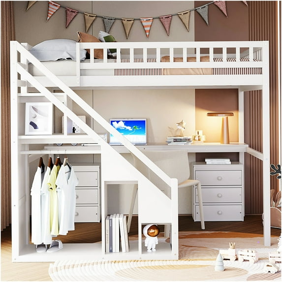 Full Loft Bed with Wardrobe & L-Shaped Desk, White Space Saving Metal ...