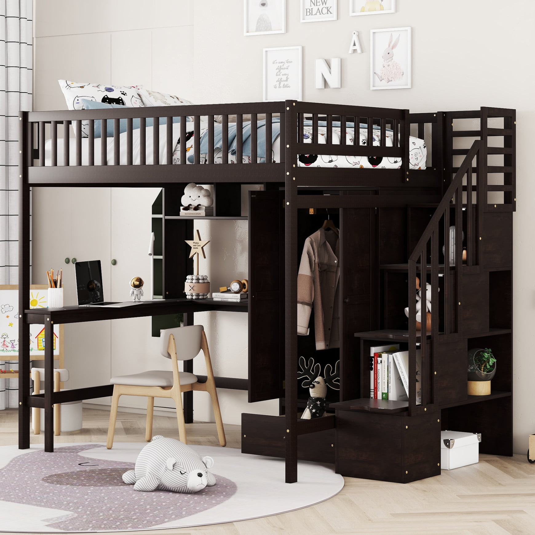 Full Loft Beds with Desk, Wood Loft Bed Frame with Wardrobe, Bookshelf, Staircase and Drawers ...
