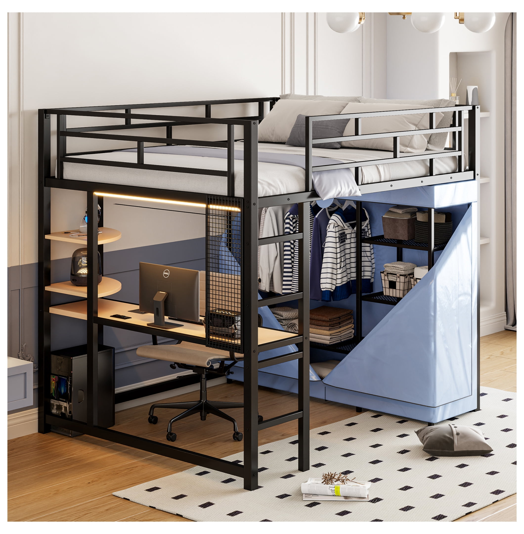 Full Loft Metal Bed with Desk, Shelves, LED Light, Power Outlet ...