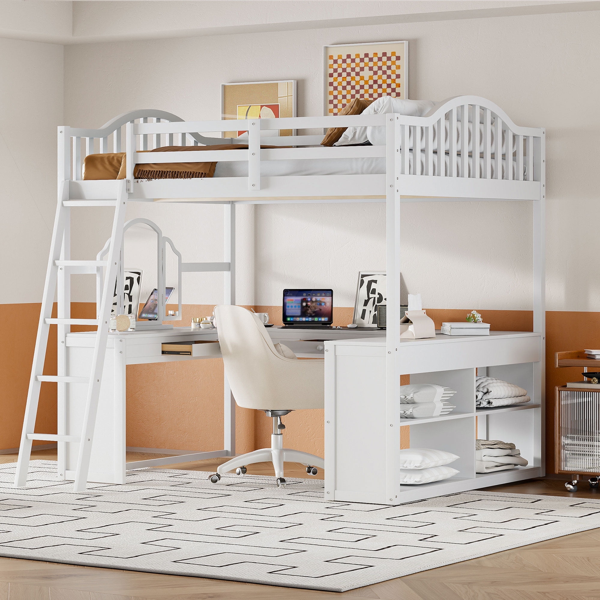 Full Maximized Space Wooden Loft Bed with U-Shaped Desk,Storage ...