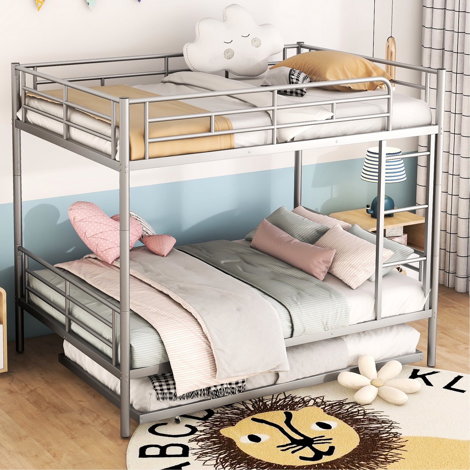 Full Over Metal Bunk Bed With Silver Trundle - Contemporary Iron ...