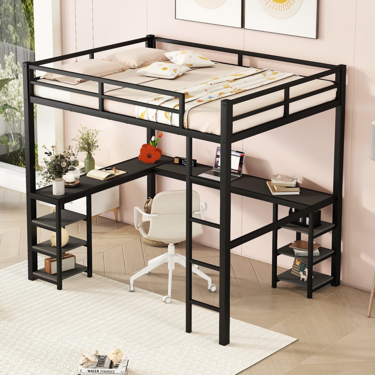 Full Metal Loft Bed with Desk & Storage Shelves, Loft Bed Frame with ...