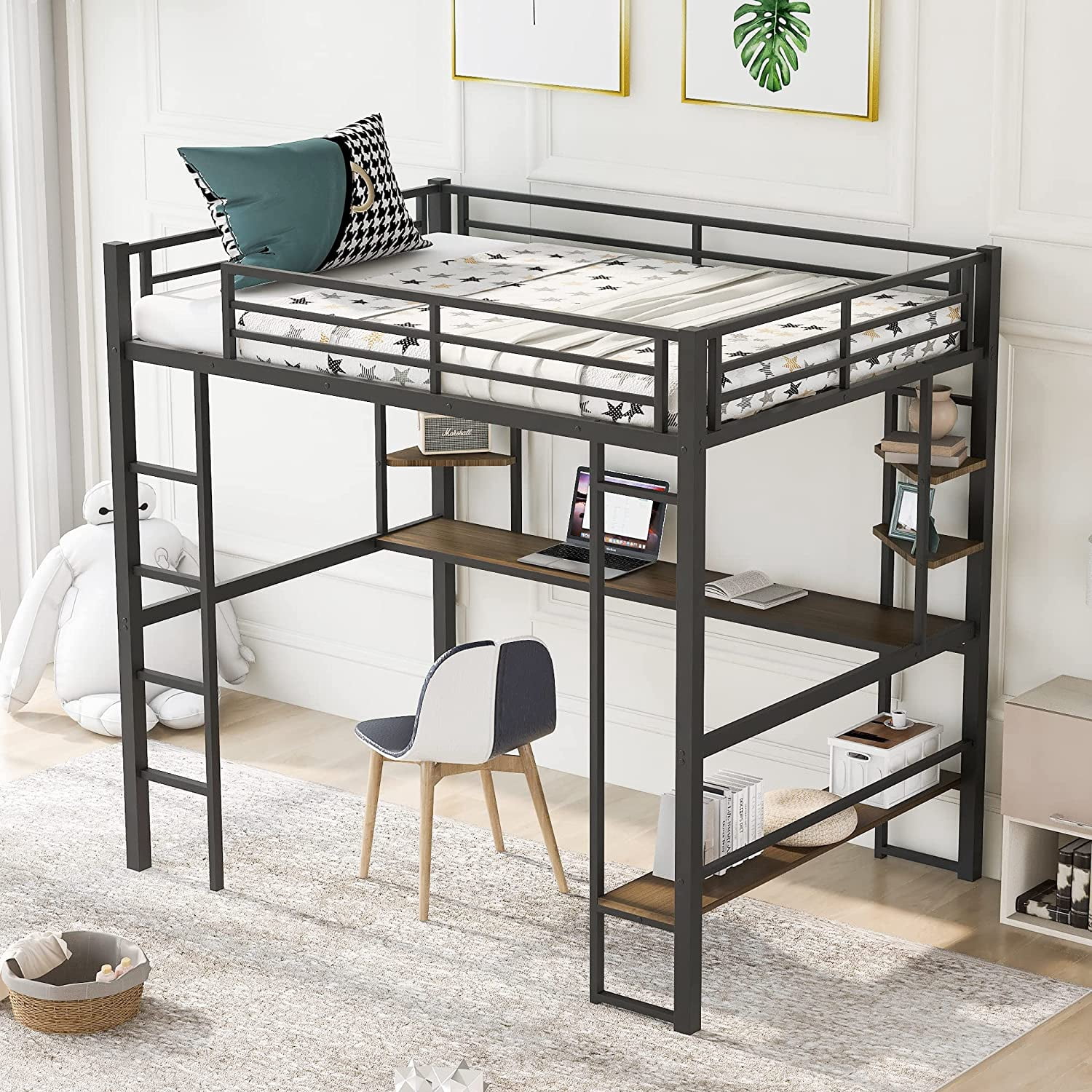Full Metal Loft Bed Frame with Desk and Storage Shelves, Made of Heavy Duty Steel for Kids Teens ...