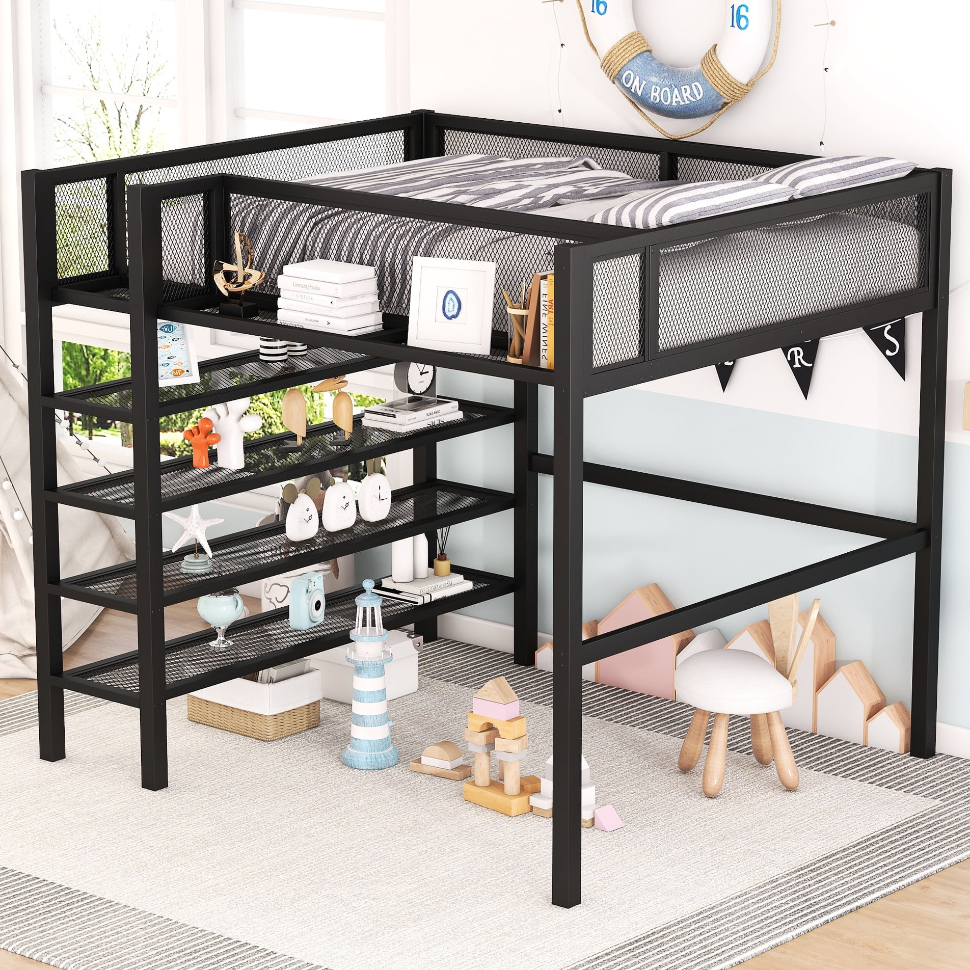 Full Metal Loft Bed With Storage. Black Color. Modern Design. 20 Heavy-duty Slats. 4 Shelves ...