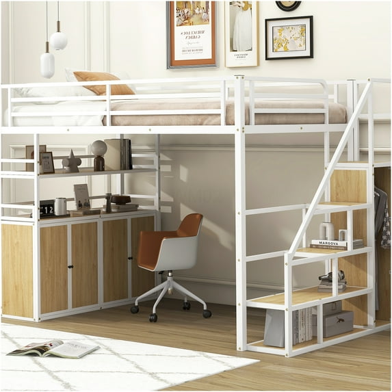 Full Metal Loft Bed with Built-in Desk, LED Lighting & Wardrobe, Space ...