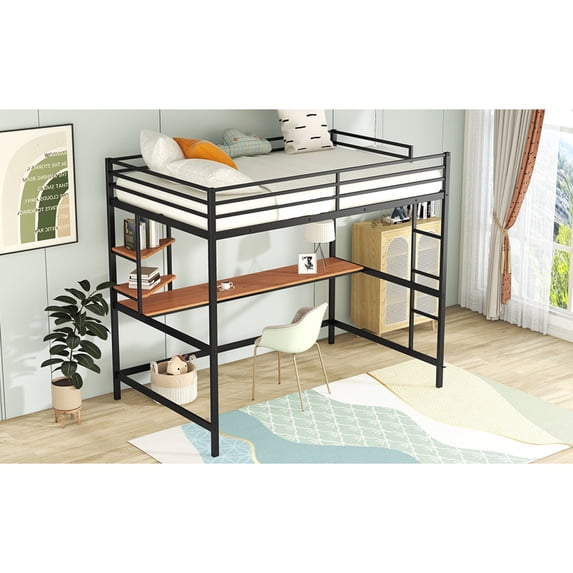 Full Metal Loft Bed with Desk and Shelve, Black - Walmart.com