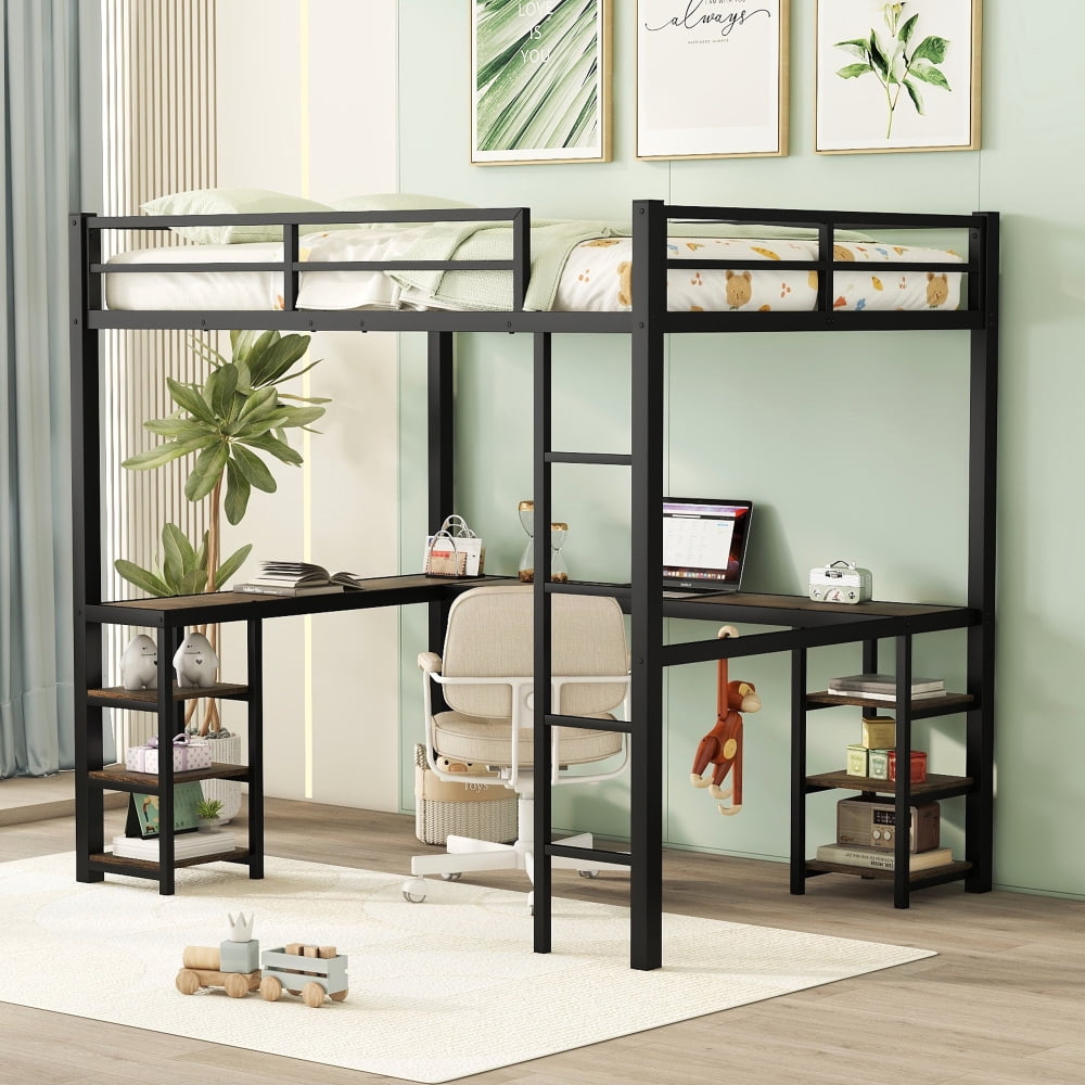 Full Metal Loft Bed with Study Desk & Storage Shelves - Sturdy Frame w ...
