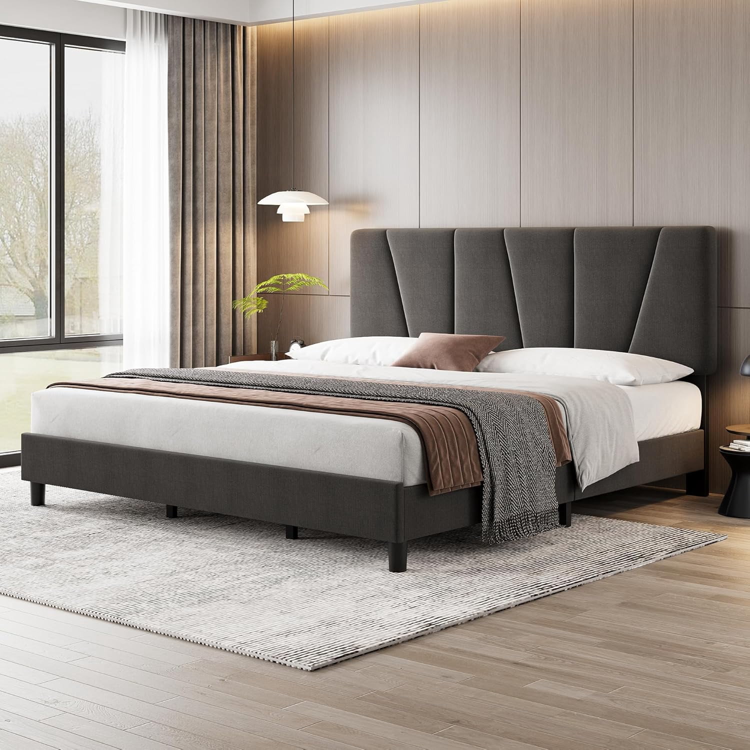 Full Modern Upholstered Bed Frame, Linen Platform Bedframe with ...