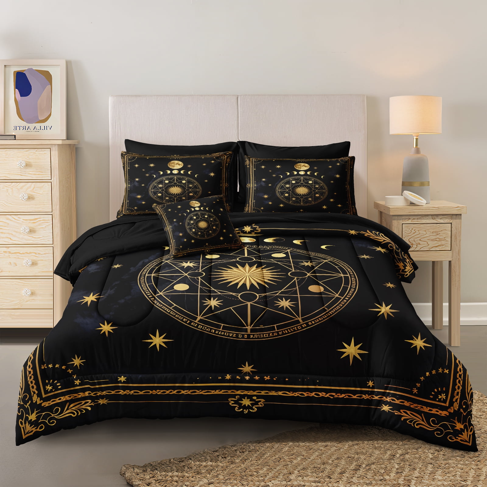 Full Moon Bed in a Bag Black Gold Magic Psychedelic Celestial Comforter ...