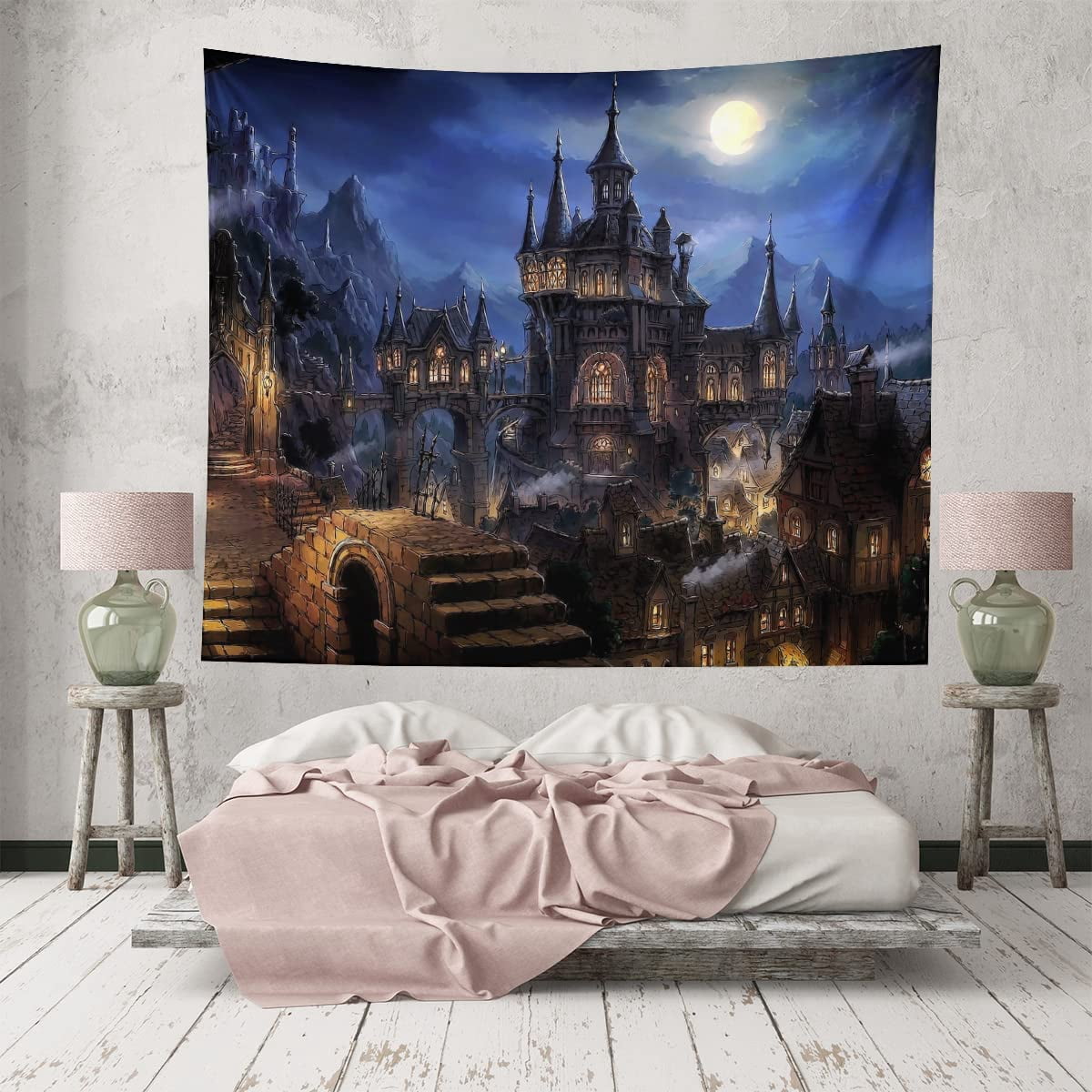 Full Moon Castle Wolf Tapestry Wall Hanging Fantasy Medieval Town Decor ...