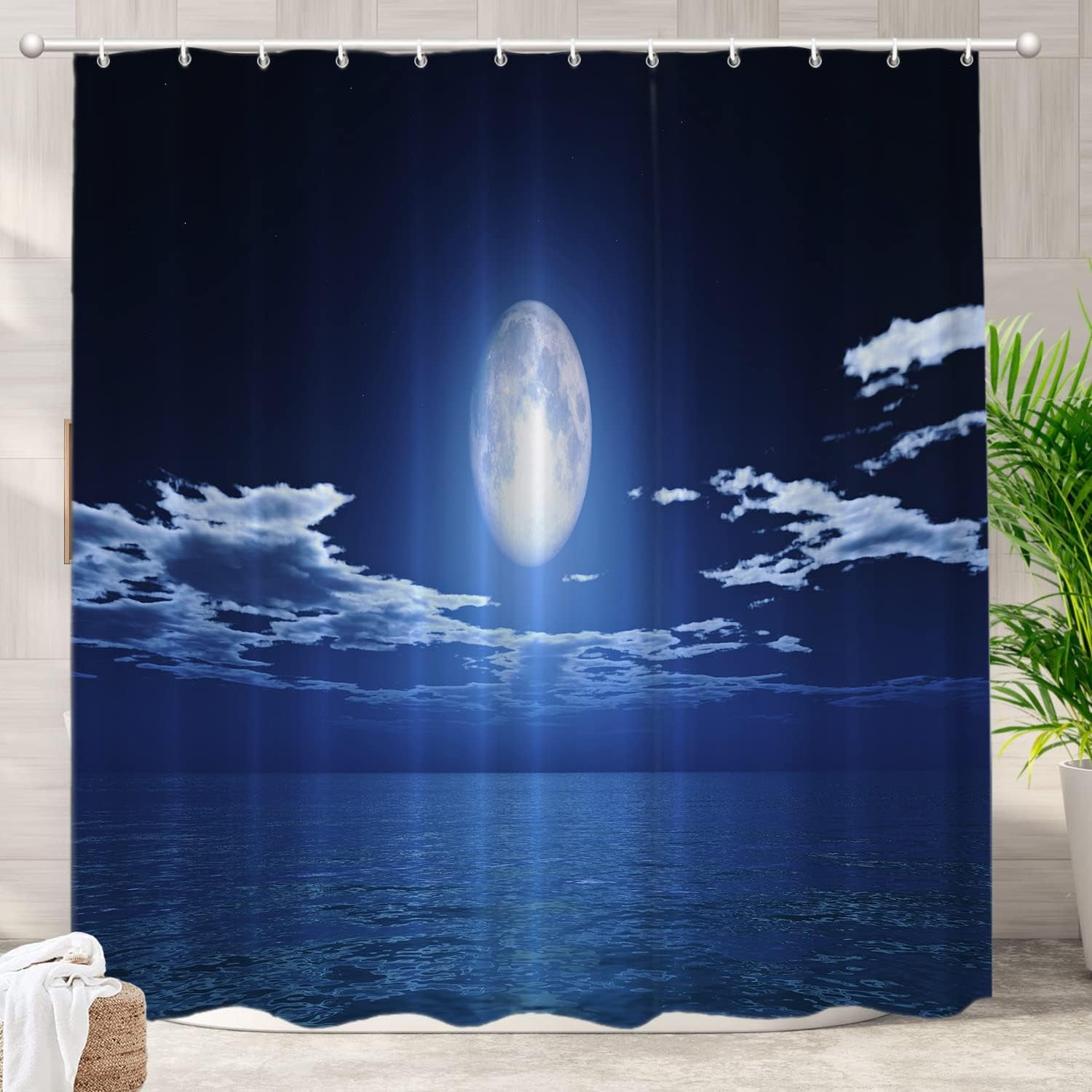 Full Moon Decor Shower Curtain,Moonlight Water Surface Nature Alien ...
