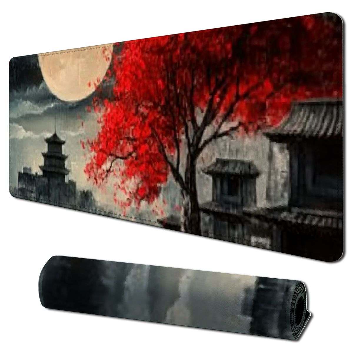 Full Moon Desk Mat Japanese Desk Pad Black Red Large Mouse Pad Gaming ...