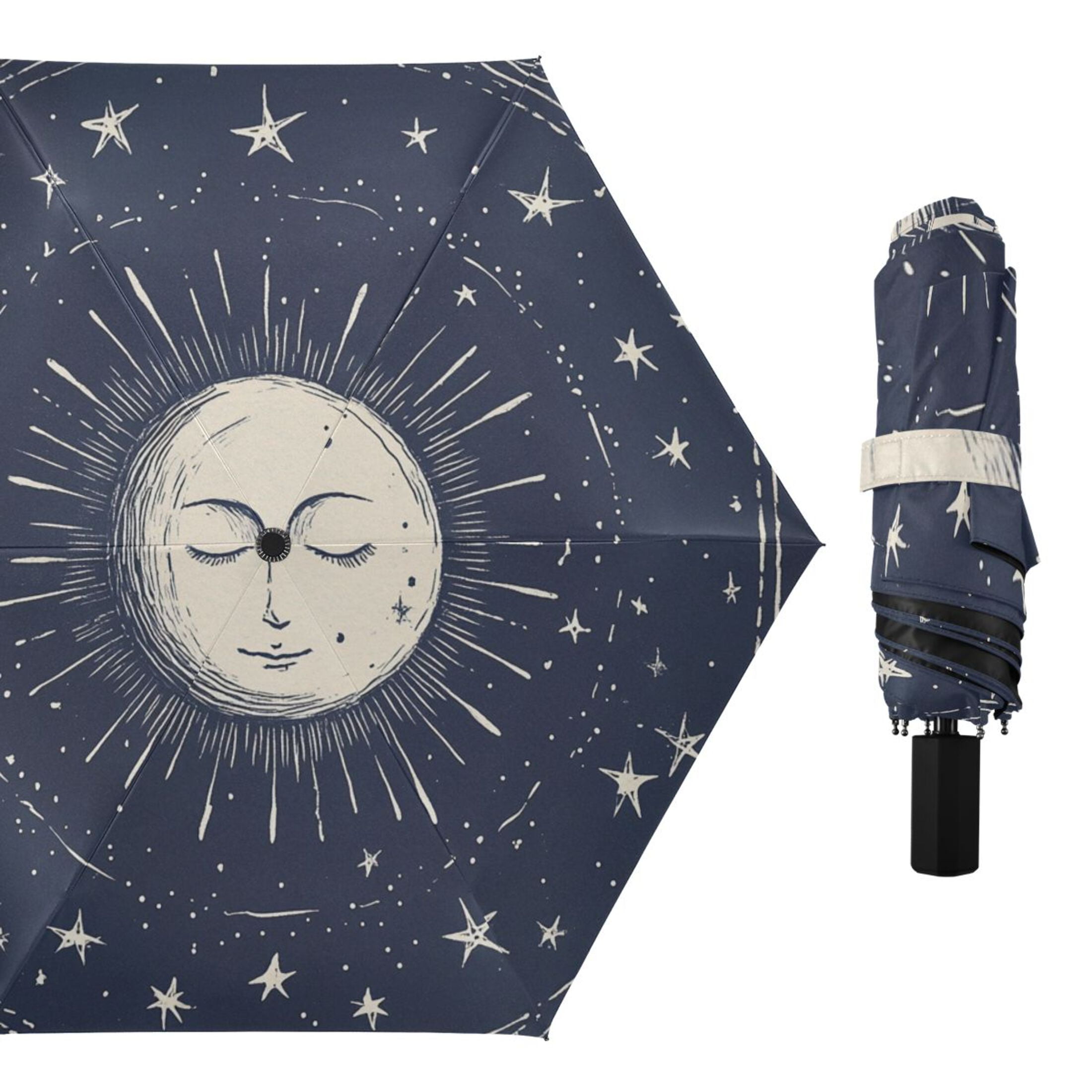 Full Moon Face Stars All Weather Umbrella Triple Folding Parasol 6 Ribs ...