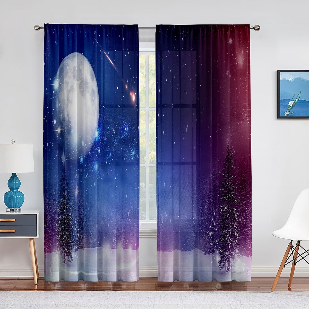 Full Moon Fantasy Starry Sky Night Scene Tulle Curtains for Living Room ...