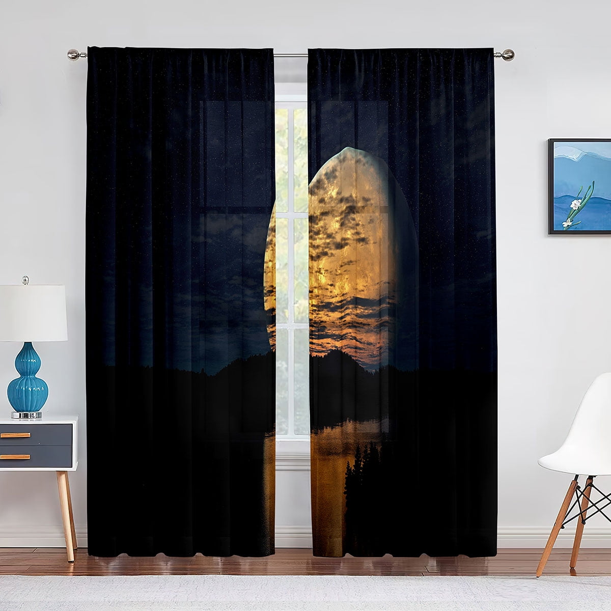 Full Moon Fantasy Starry Sky Night Scene Tulle Curtains for Living Room ...