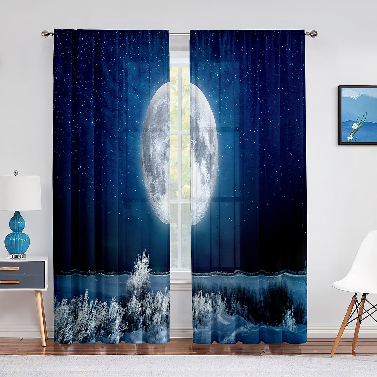 Full Moon Fantasy Starry Sky Night Scene Tulle Curtains for Living Room ...