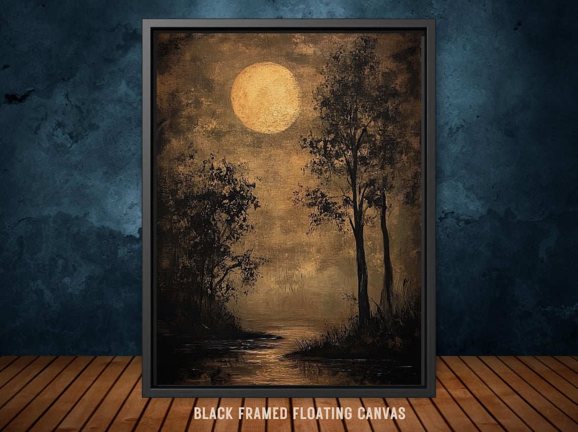 Full Moon Forest Landscape Poster, Moody Sepia Night Wall Decor, Dark ...