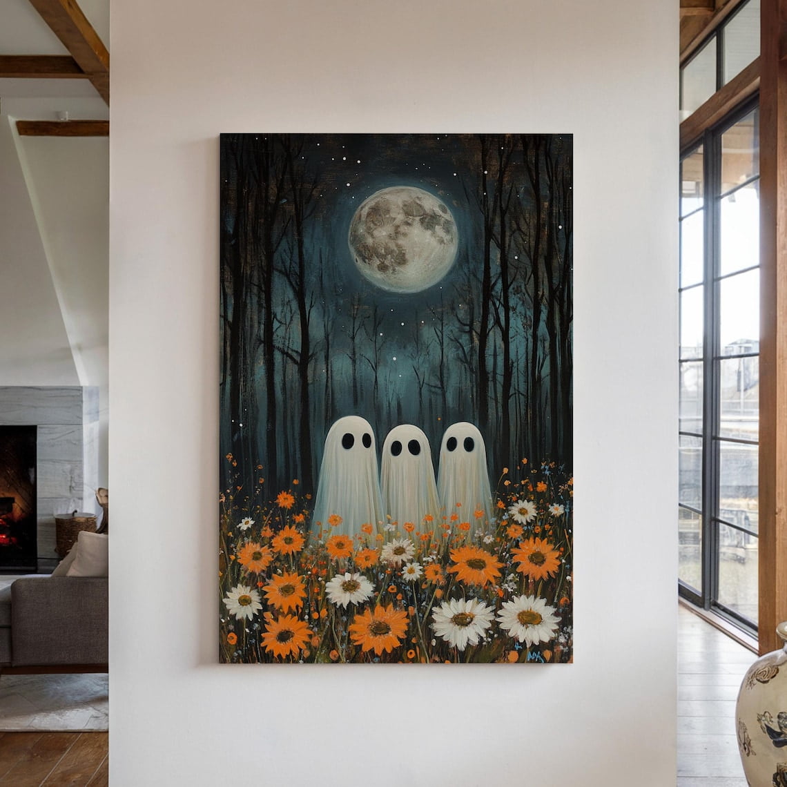 Full Moon Ghosts In Wildflower Field Art, Spooky Wall Print, Ethereal ...
