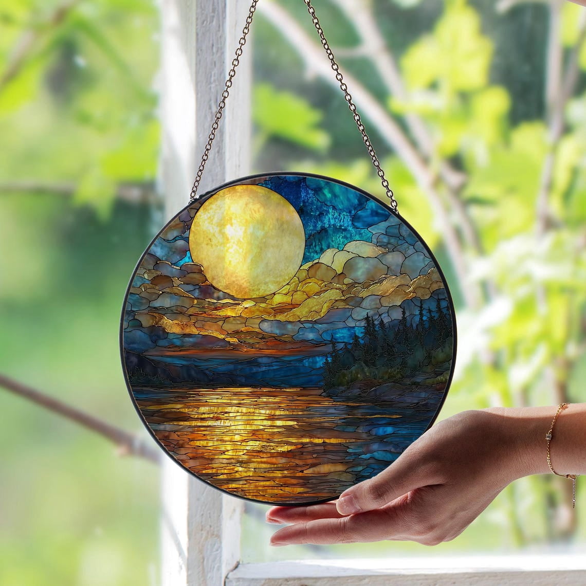 Full Moon Glass Suncatcher, Celestial Lunar Window Art, Spiritual Moon ...